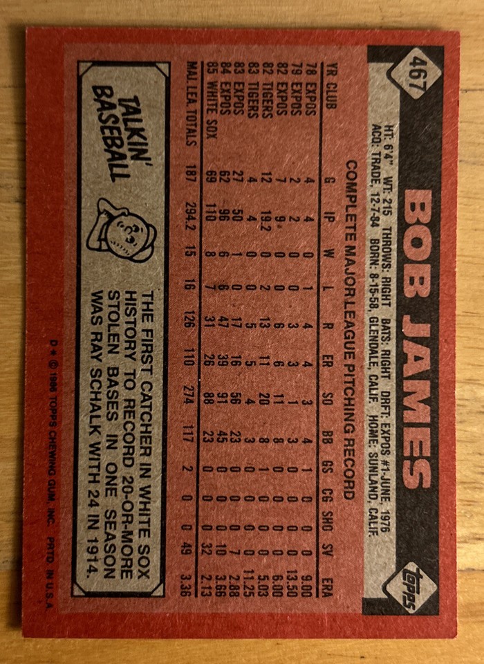 1986 Topps Bob James Baseball Card #467 White Sox Pitcher Mid-Grade O/C ...