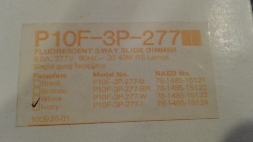 Prescolite P10F-3P-277 Ivory Fluorescent 3-way Slide Dimmer 9.0A single ...