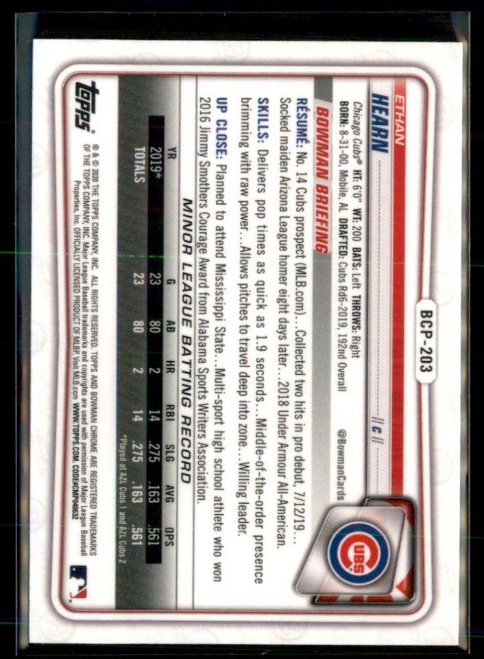 2020 Bowman Chrome Ethan Hearn Chicago Cubs #BCP-203 3 Card Lot | eBay