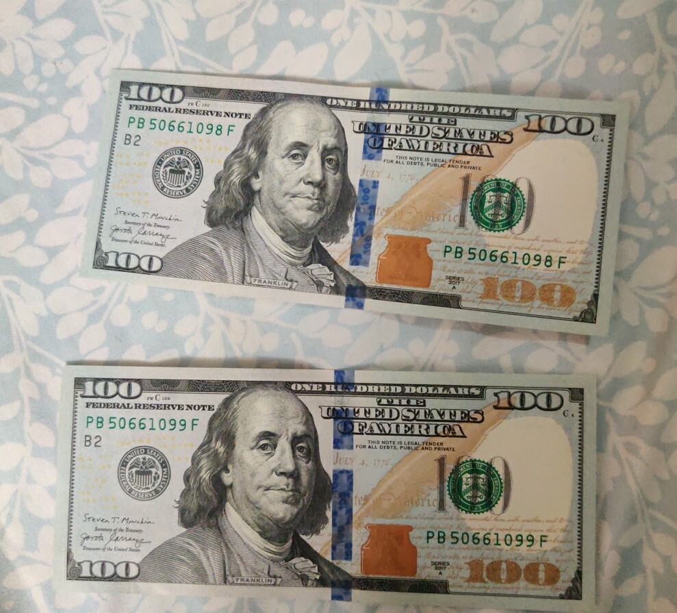 Hundred Dollar Bill Rare Low Serial Number, Serial Right Next To Each ...