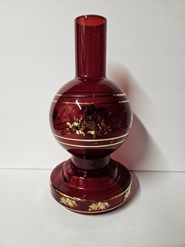 Vintage Ruby Red Glass Hurricane Lamp Shade and Base Gold Floral Trim ...