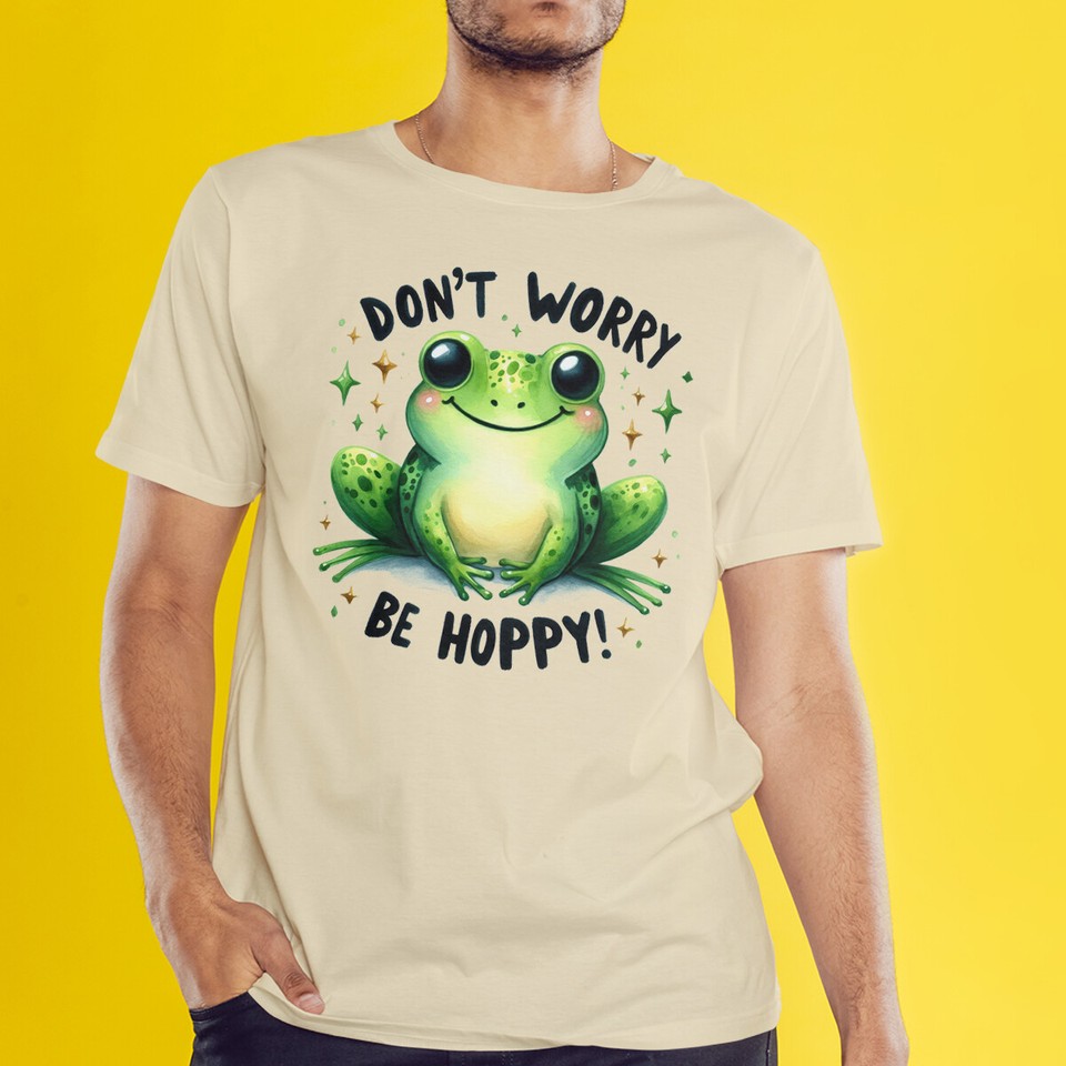 Dont Worry Be Hoppy! Frog Pun Cartoon Graphic T-Shirt | eBay UK