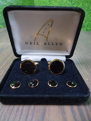 Neil Allyn cuff links and buttons set black and gold tone collectible ...