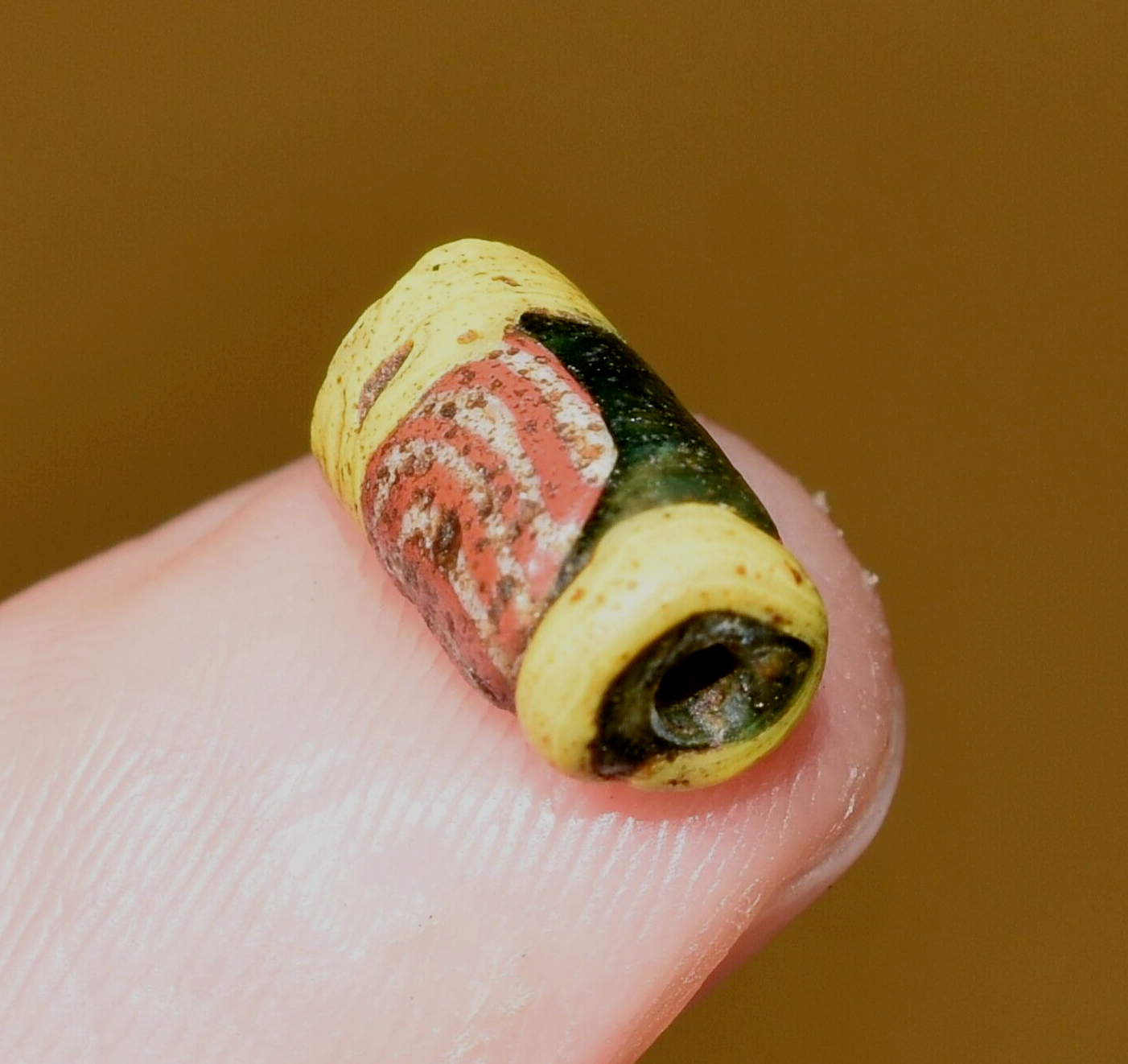 Ancient Dark Green Wound Bead Yellow End Stripes Cane Inserts Mali ...