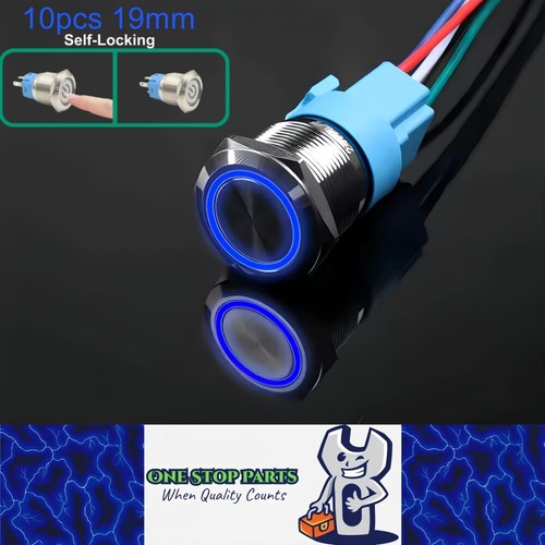 10 x Blue LED 19mm Metal Push Button Switch 12V-24V PreWired Self ...