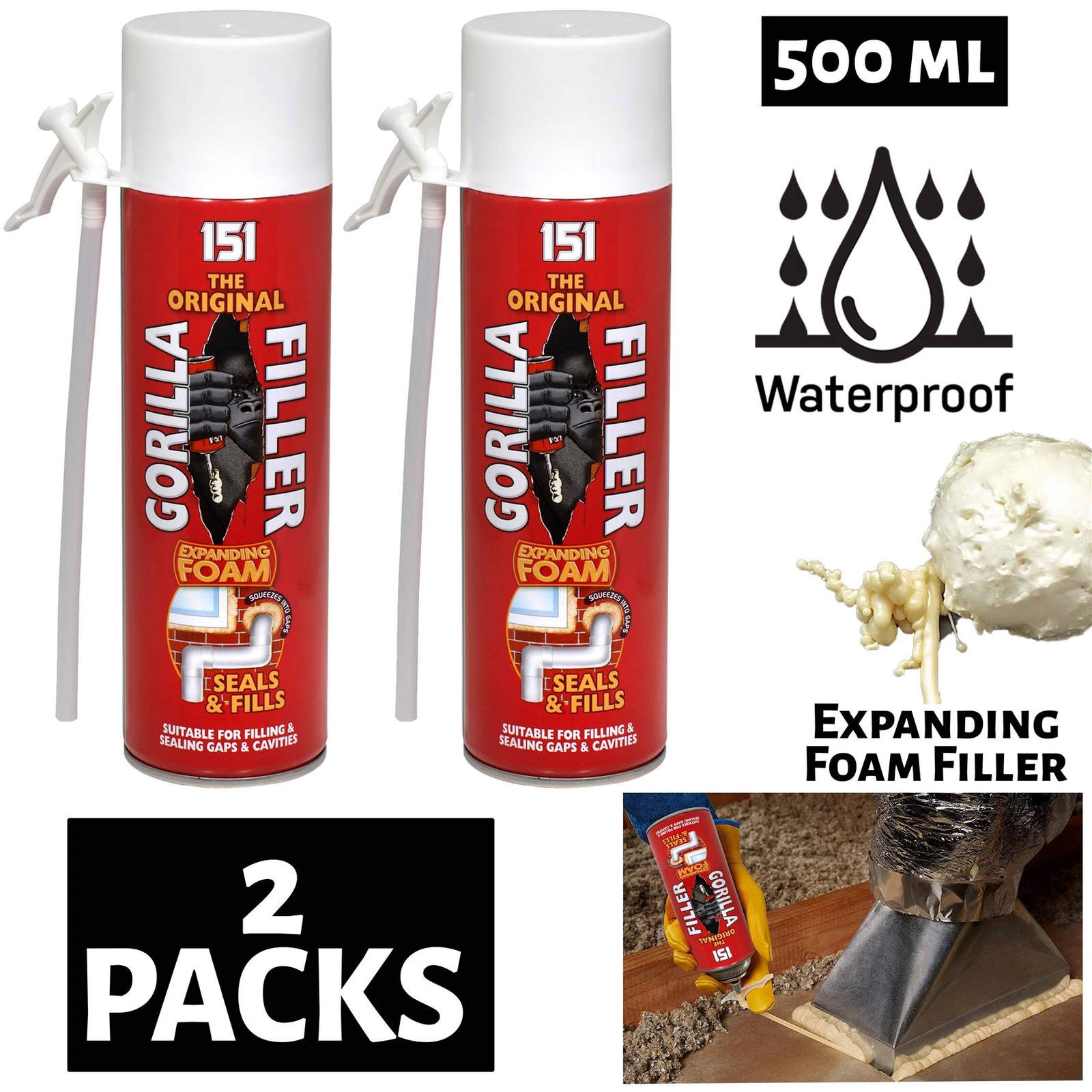 2X Gorilla Filler Weatherproof Expanding Foam Fills Seals Cracks & Gaps ...