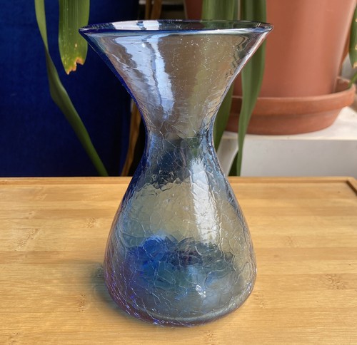 Blenko Crackle Glass Flower Vase #5318 Hour Glass Sky Blue 1950’s ...