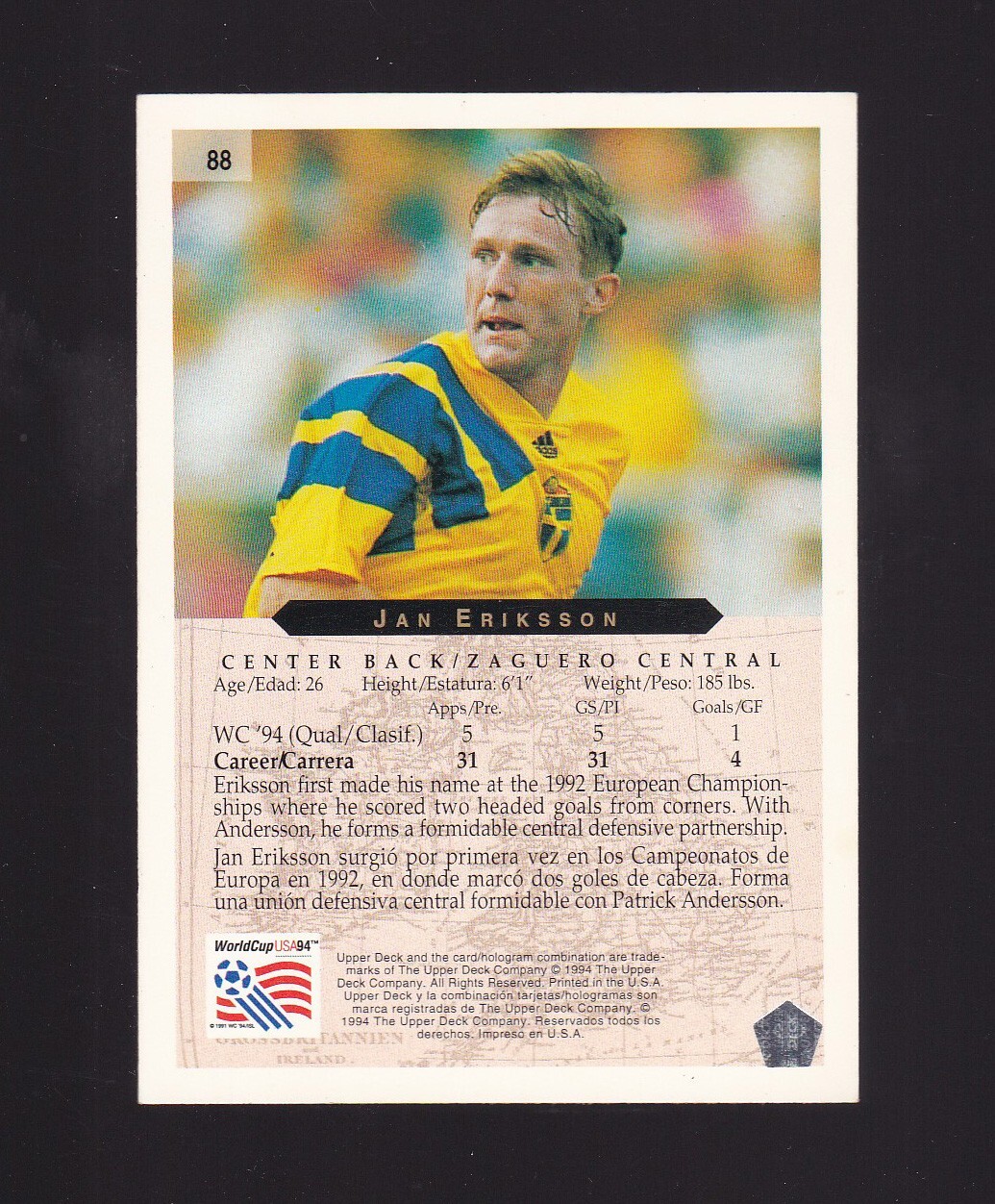 1994 Upper Deck World Cup English/Spanish - Jan Eriksson #88 for sale ...