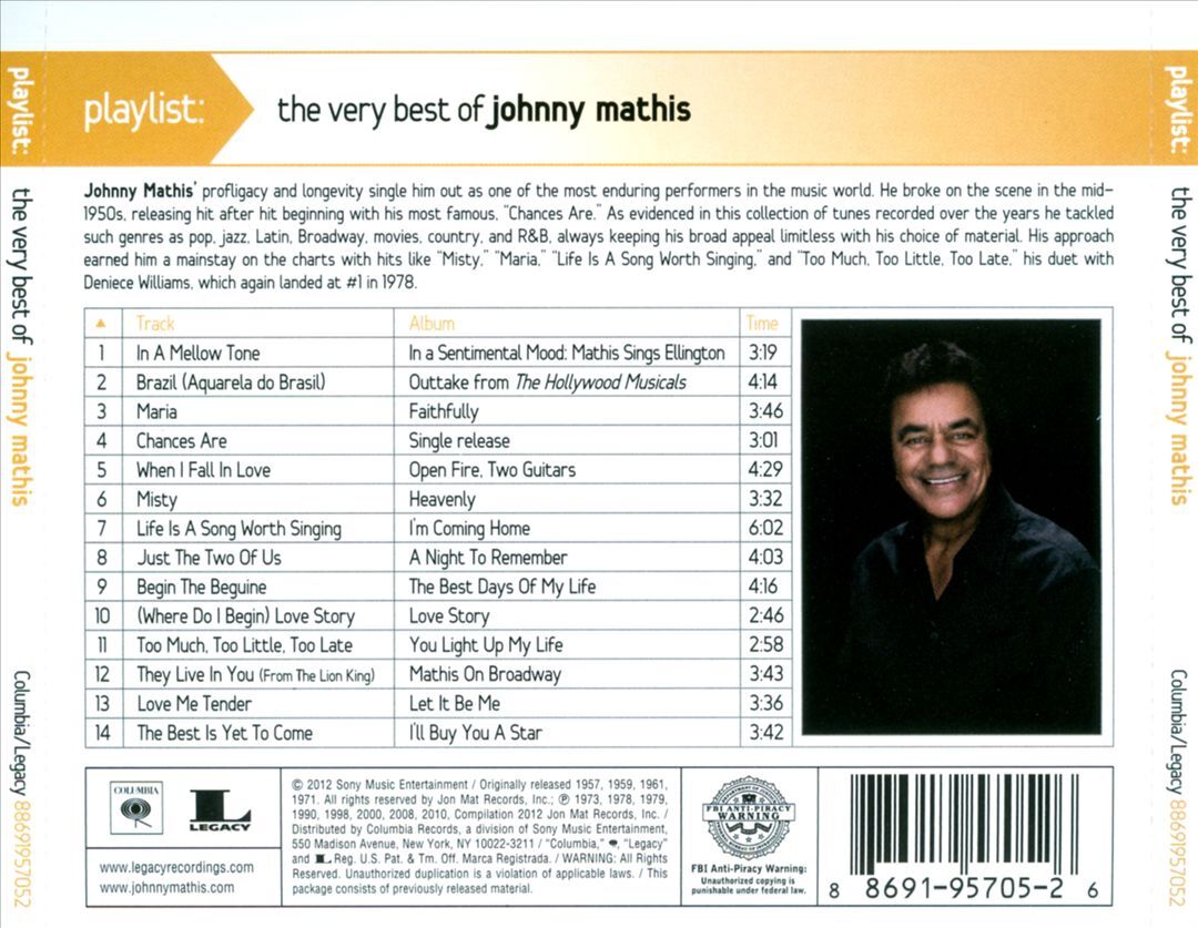 JOHNNY MATHIS PLAYLIST: THE VERY BEST OF JOHNNY MATHIS NEW CD ...