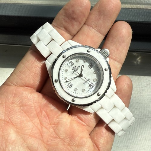 Oniss Paris White Ceramic Band Women's Watch Sapphire Crystal Date ...
