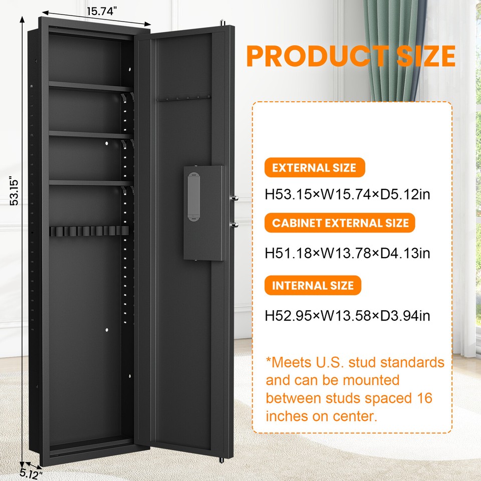 53" Tall Wall Safe Between Stud, Hidden in Wall Gun Safe with ...