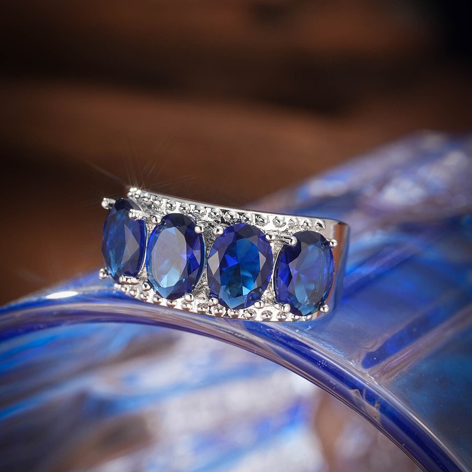 4 Oval Blue Zircon Stone Rings 925 Sterling Silver Ring Fashion Women ...