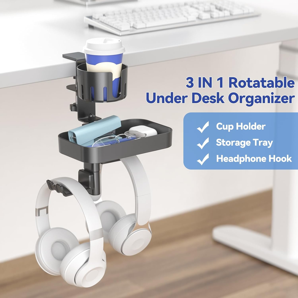 Rotating under Desk Organizer with 2 Headphone Hook - Hidden Storage ...