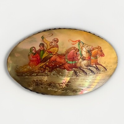 Vintage Fedoskino Russian Brooch Hand Painted Sleigh Horses Abalone ...