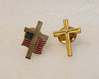 2 Gold Tone Cross Pins American Flag Rhinestone Religious Patriotic | eBay