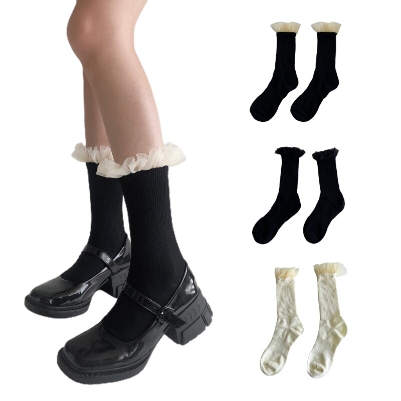 1 Pair Short Thin Socks, Womens Princess Style Ruffled Socks Middle ...