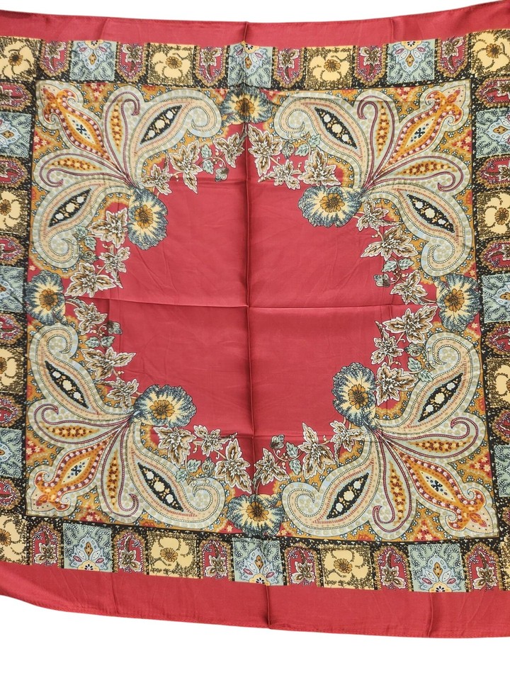 Square Silk Scarf Red With Ornate Paisley Floral Print 27.5 inch Square ...