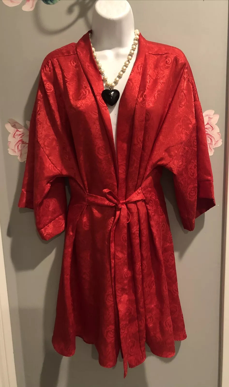 fredericks of hollywood red robe floral size m - Gem