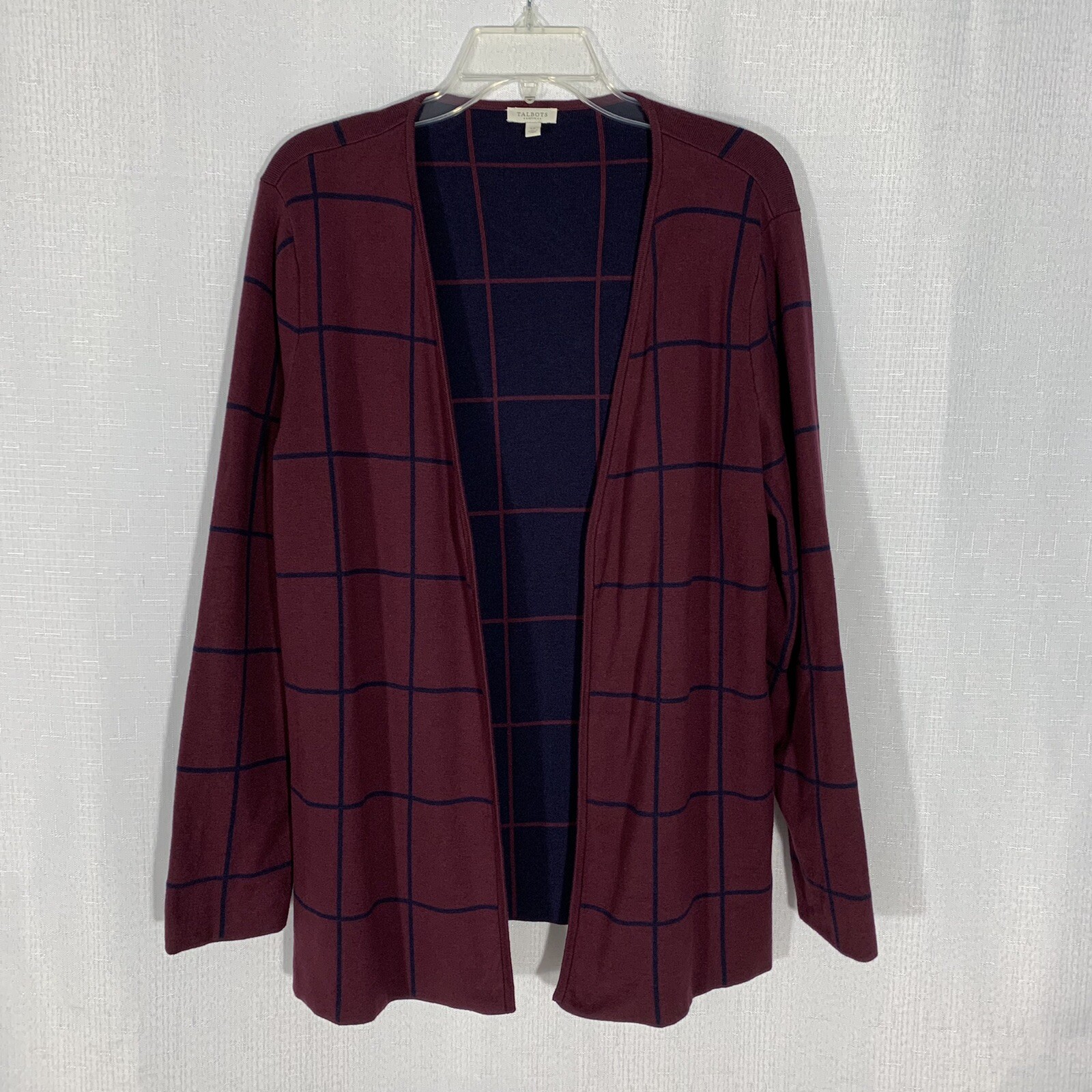 TALBOTS Sz Petite Large Maroon Navy Windowpane Open F… - Gem