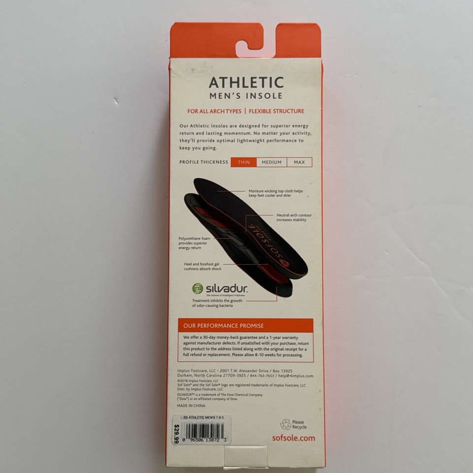 * SOFSOLE * PERFORM ' ATHLETE INSOLE ' ENERGY RETURN & COMFORT - MENS 7 ...