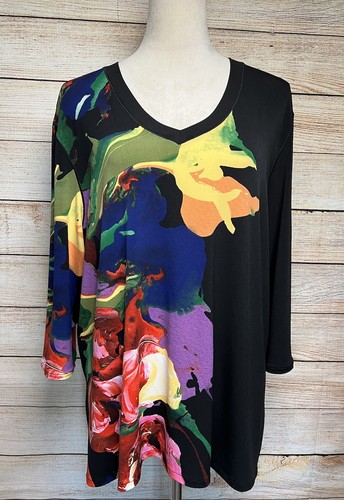 Eva Varro Colorful Floral V-Neck Tunic Top Sz XL 3/4 Sleeve Cut-Out ...