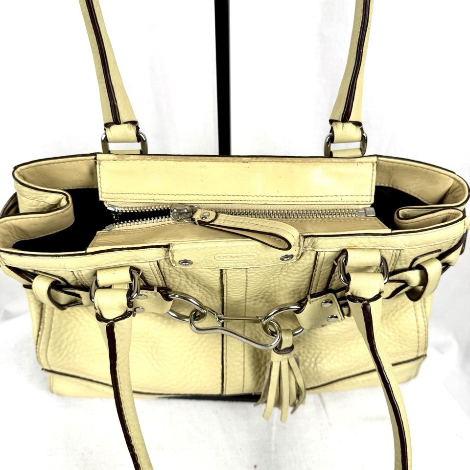 Coach Hampton Cream Pebbled Leather Satchel Shoulder Bag Braided Accent ...