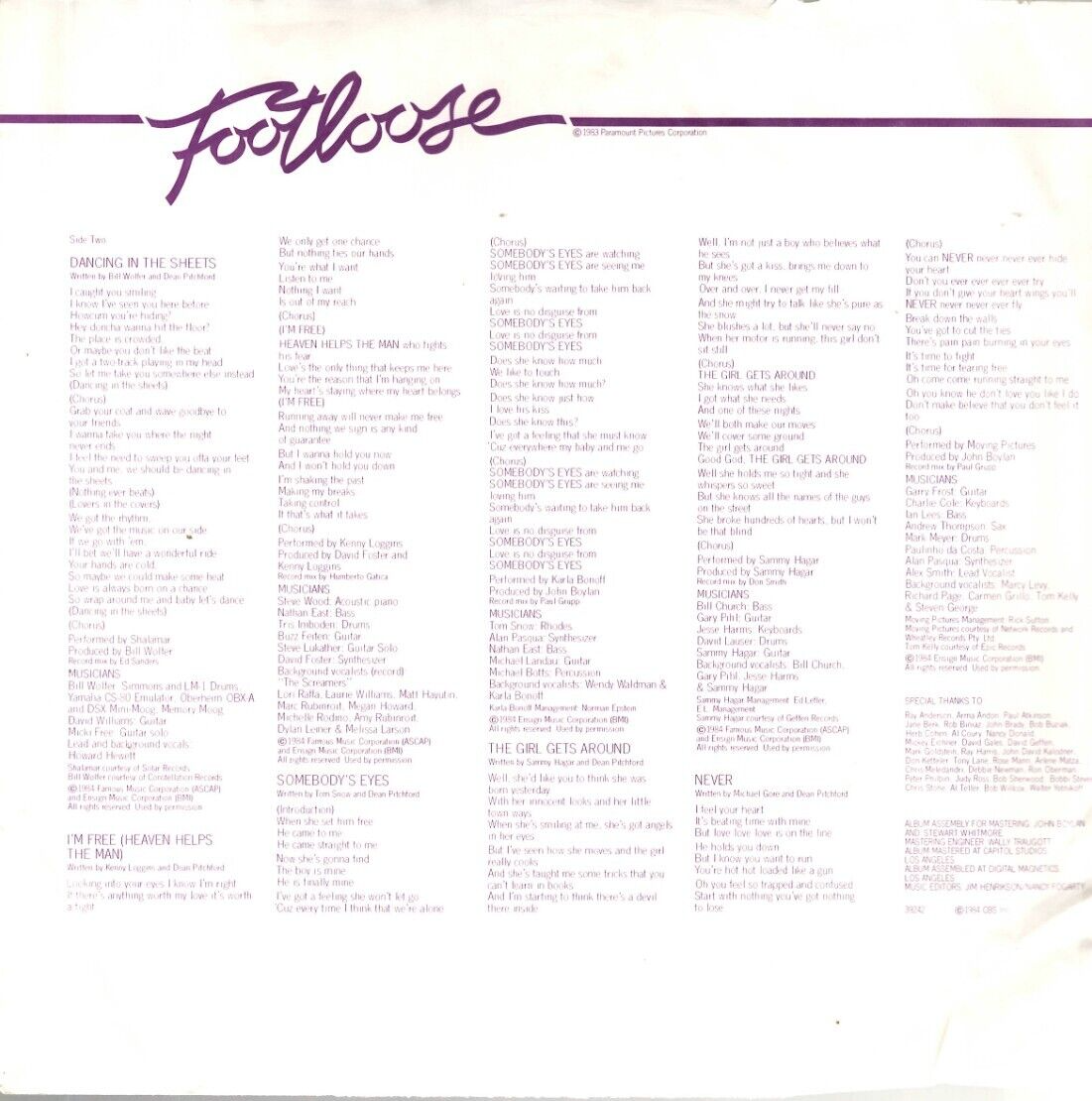 Footloose Original Soundtrack Vinyl Lp Columbia 1984 Js 3924 Various
