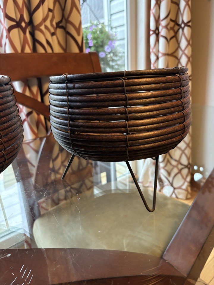 Pair of MGM Dark Brown Rattan Round Metal Tripod Plant Stand, 7.25”Tall ...