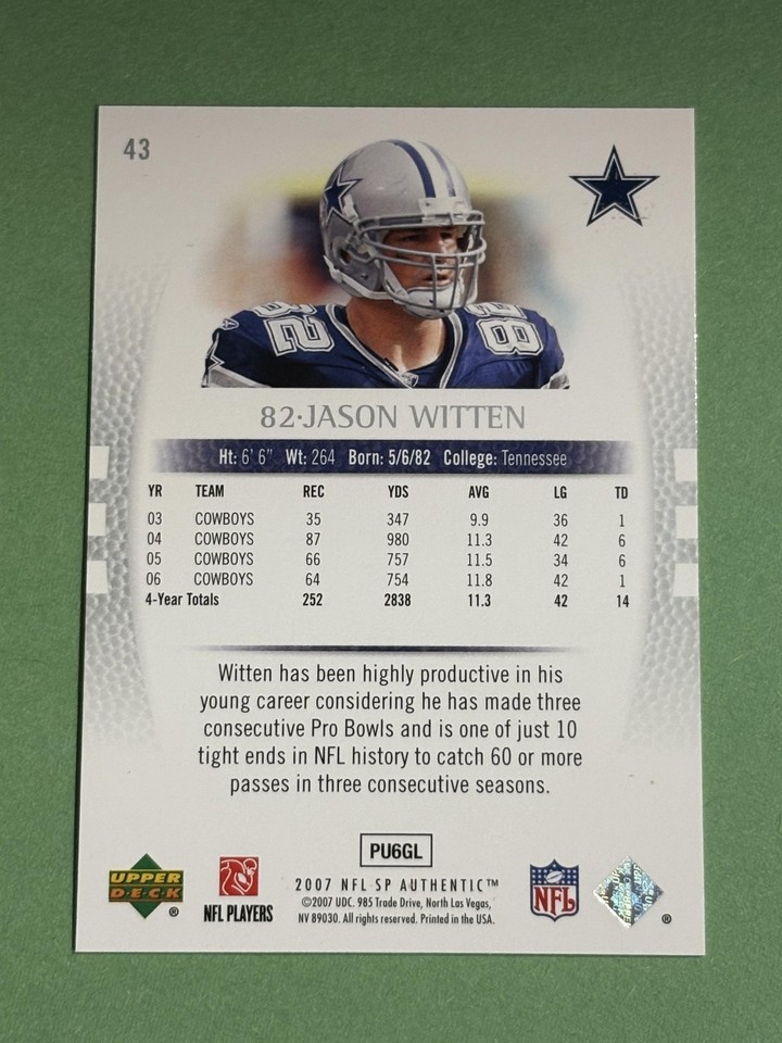 Jason Witten 2007 SP Authentic Dallas Cowboys #43 T270 | eBay