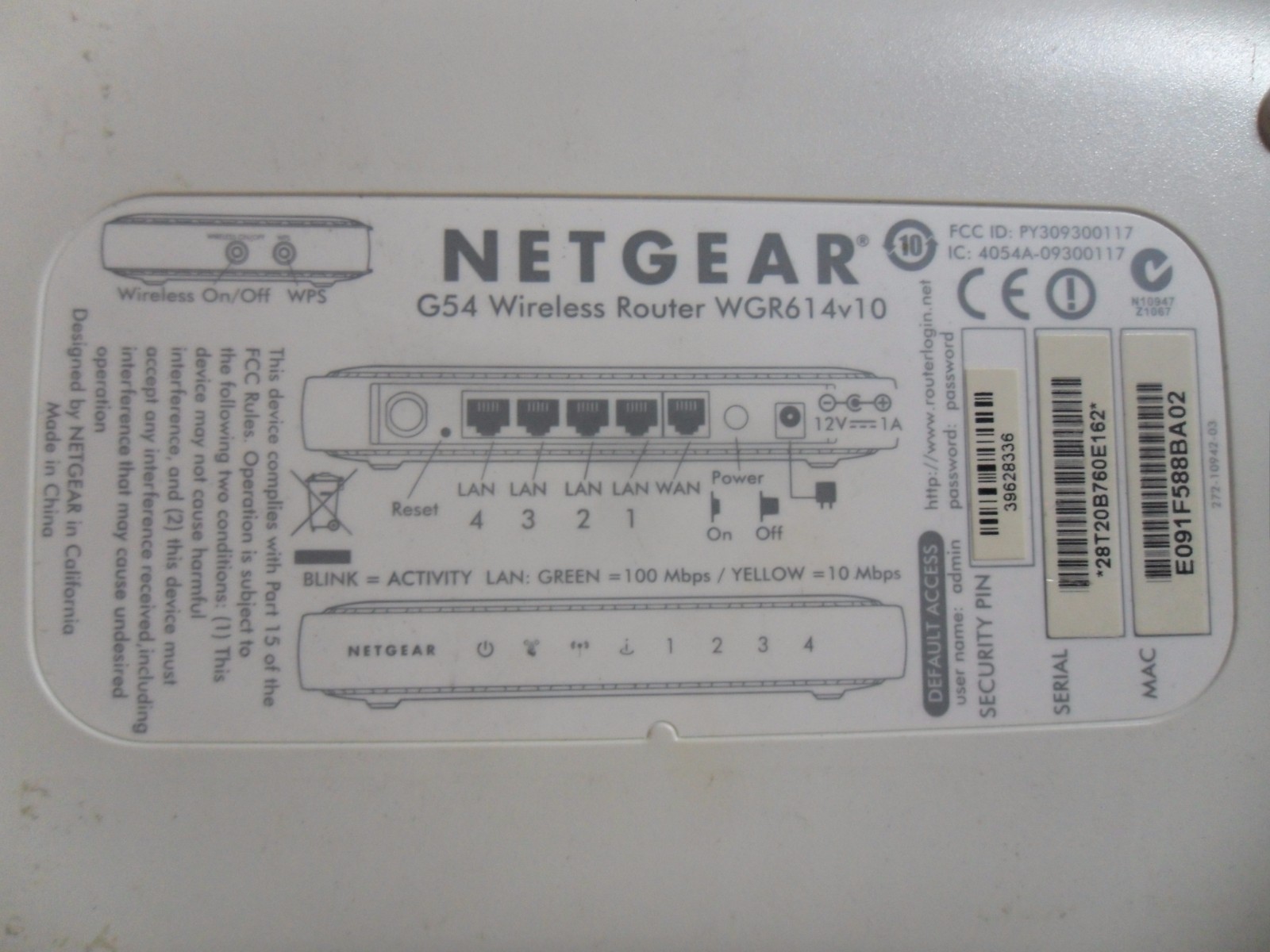 Netgear G54 Wireless Router WGR614v10 White w/ Ethernet Cable Power ...