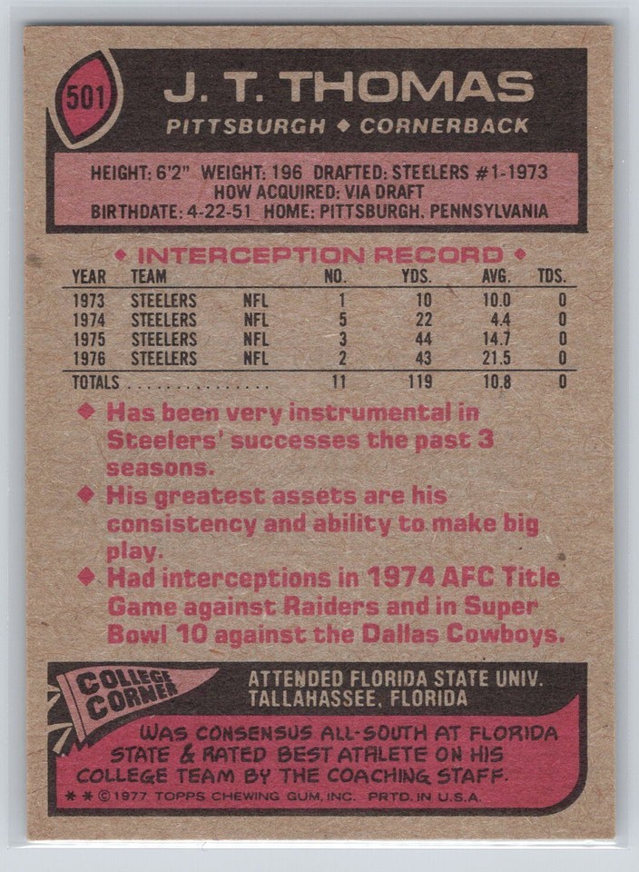 1977 Topps #501 J.T. Thomas - Steelers - NmMt | eBay