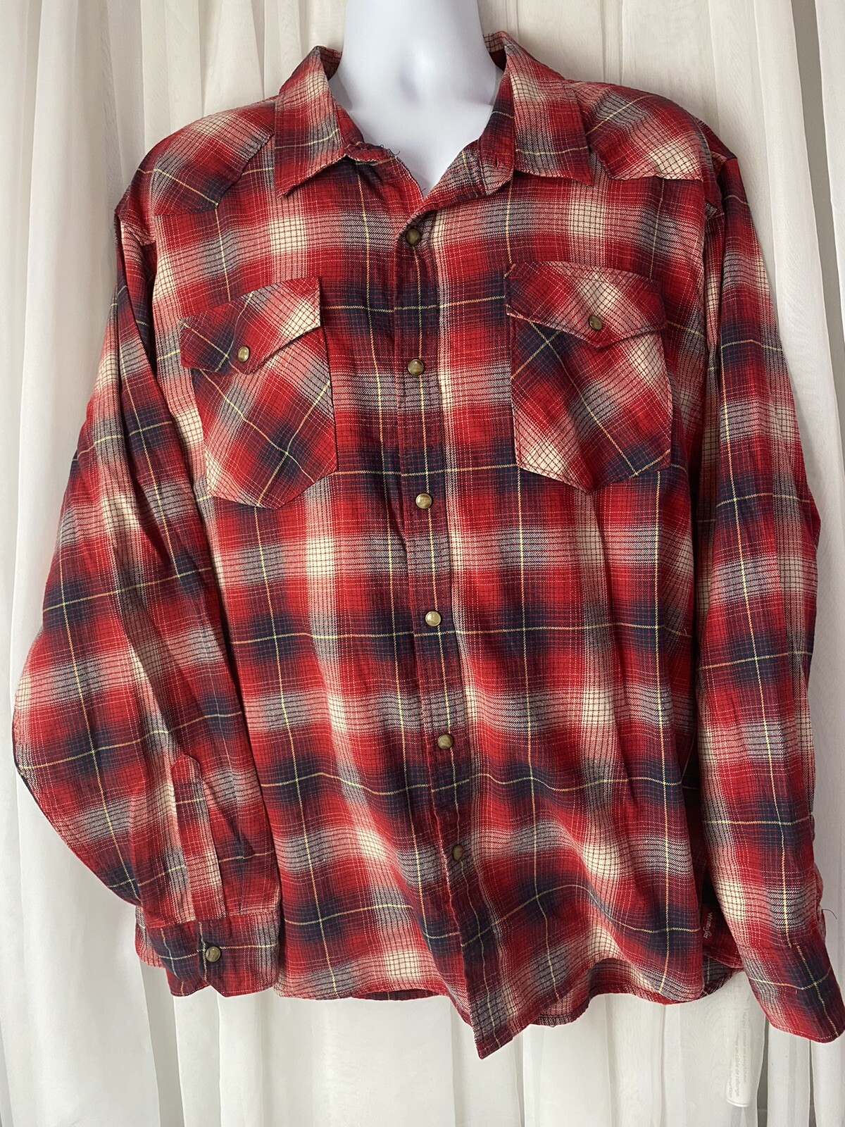Wrangler Mens 3XL Red Plaid Pearl Snap Flannel Shirt Cowboy Western ...