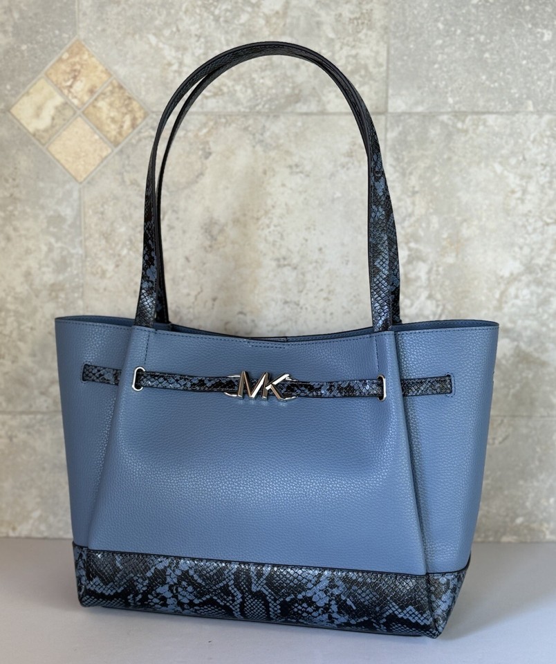 MICHAEL KORS REED LARGE BELTED TOTE SHOULDER BAG EXOTIC NATURAL/DENIM ...