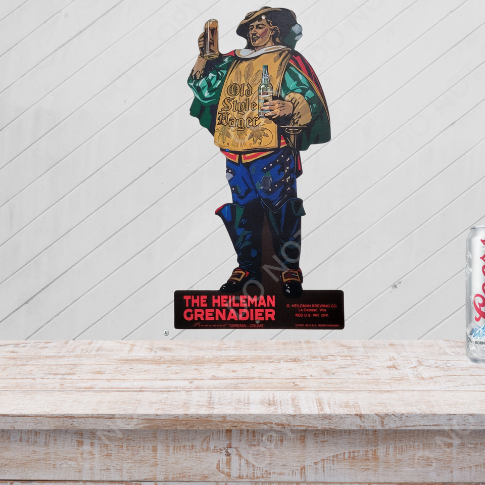 Vtg Style 1930’s Old Style Lager Beer Heileman Grenadier Metal Bar Sign ...