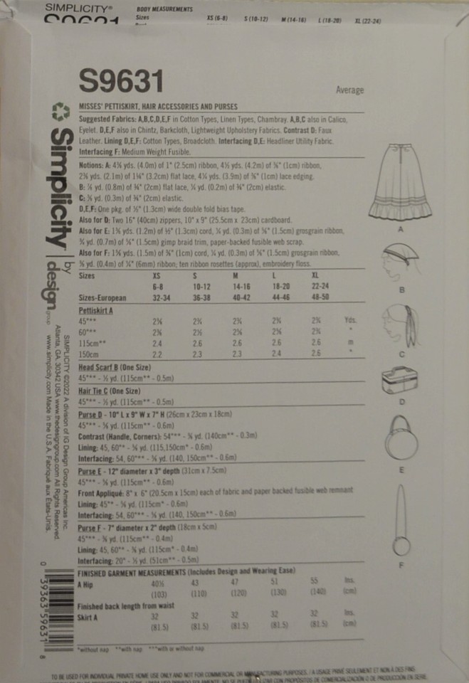 Simplicity 9631 - Misses' Pettiskirt, Hair Accessories and Purses | eBay