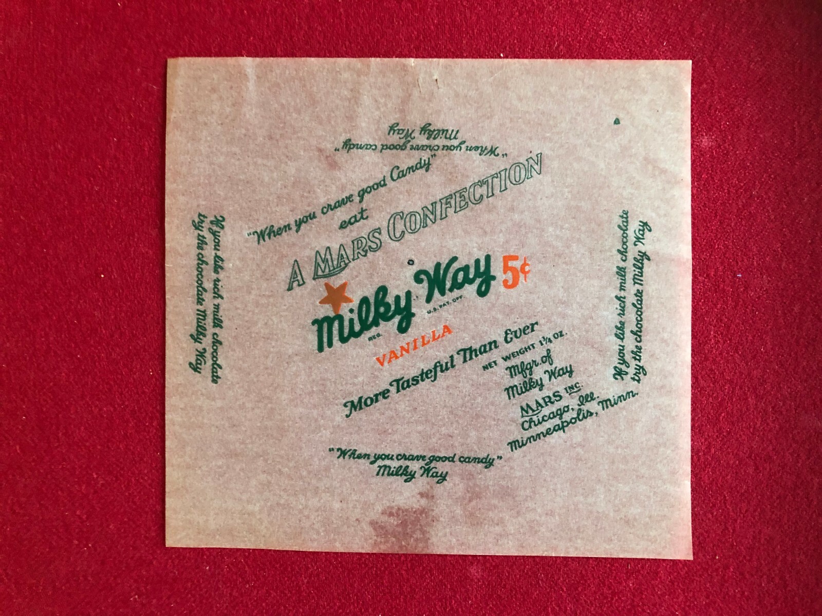1940's, Milky Way, "Un-Used" (Vanilla) Candy Bar Wrapper (Scarce ...