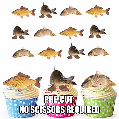 PRE-CUT Fishing Carp Fish Edible Cup Cake Toppers Decorations (Pack of ...