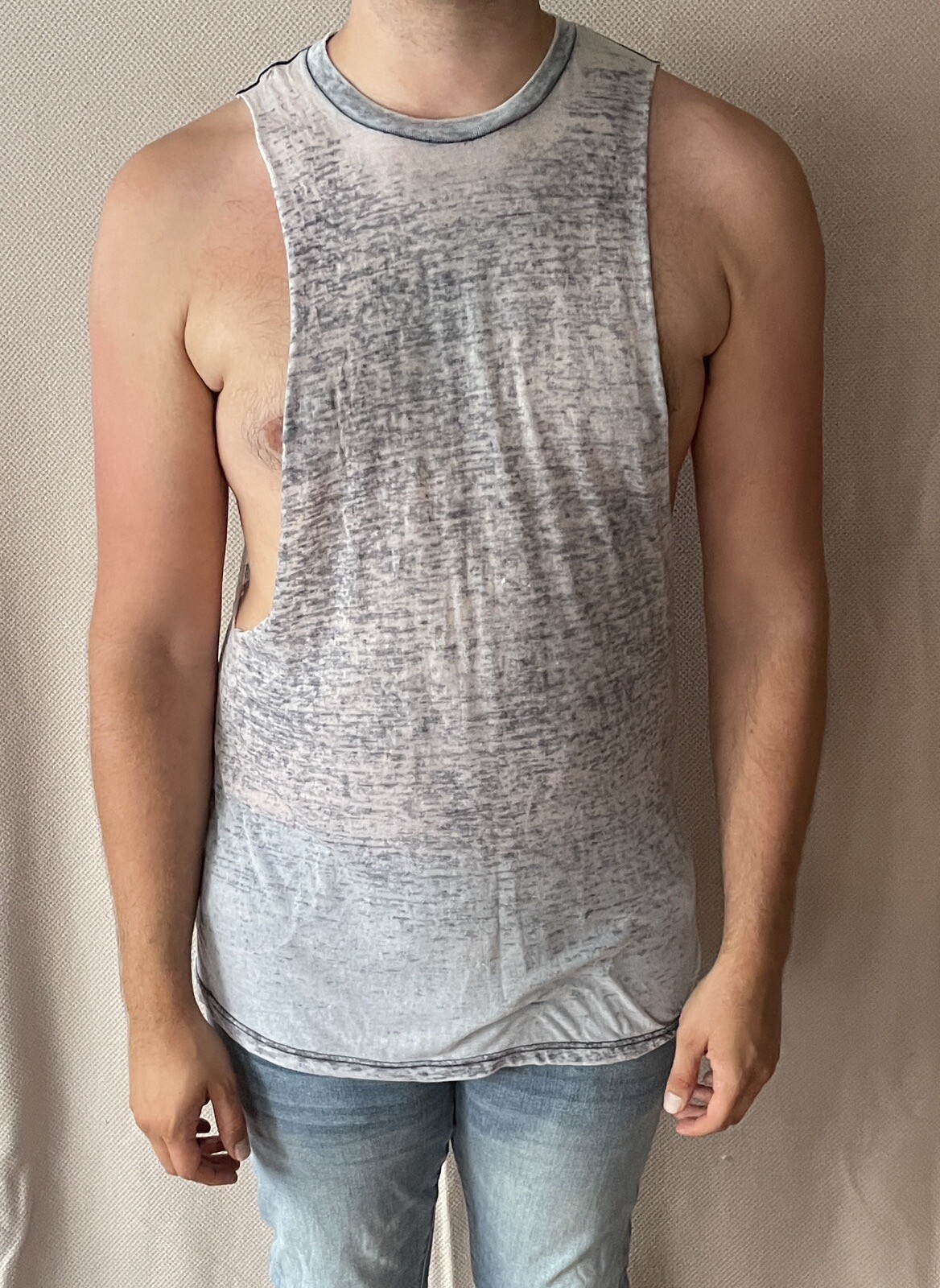 YMLA Vintage 90s Sexy Mens Crewneck Gray Burnout Cut Off Muscle Tee ...