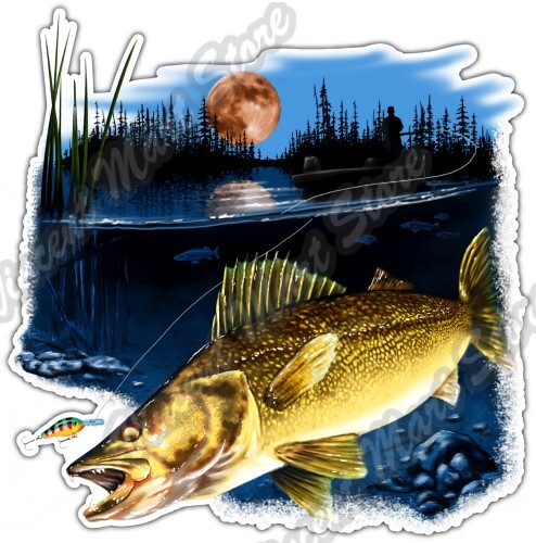 Walleye Fishing Fisher Night Lake Wildlife Car Bumper Vinyl Sticker ...
