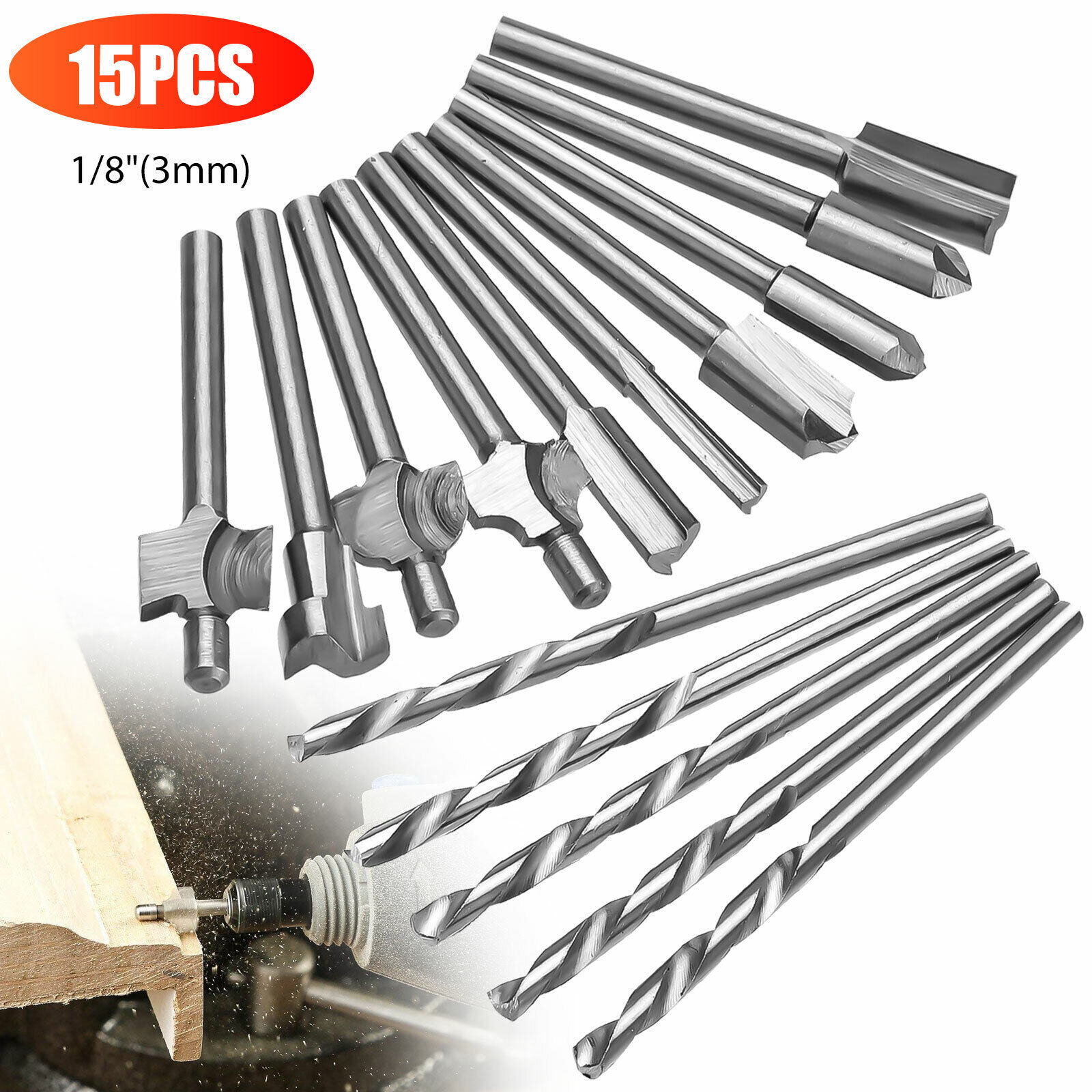 15Pcs 1/8" 3mm Shank Router Drill Bits Set for Dremel Rotary Multi ...