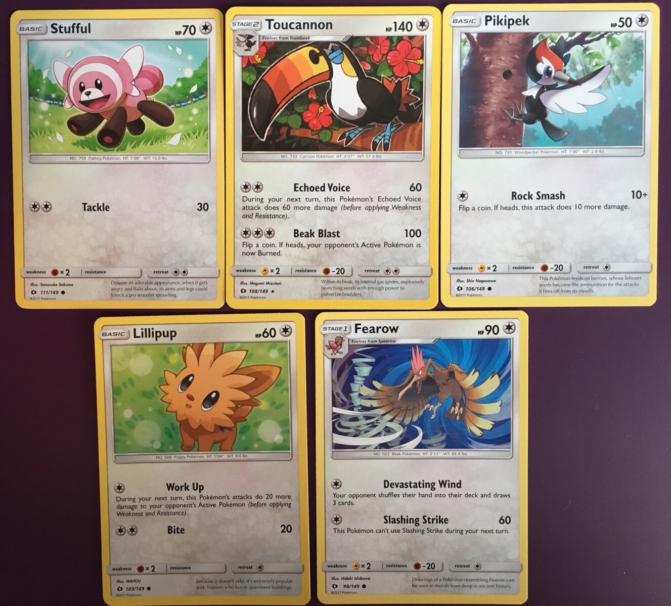 Pokemon Trading Cards Lot of 5 Stufful Toucannon Pikipek Fearow ...