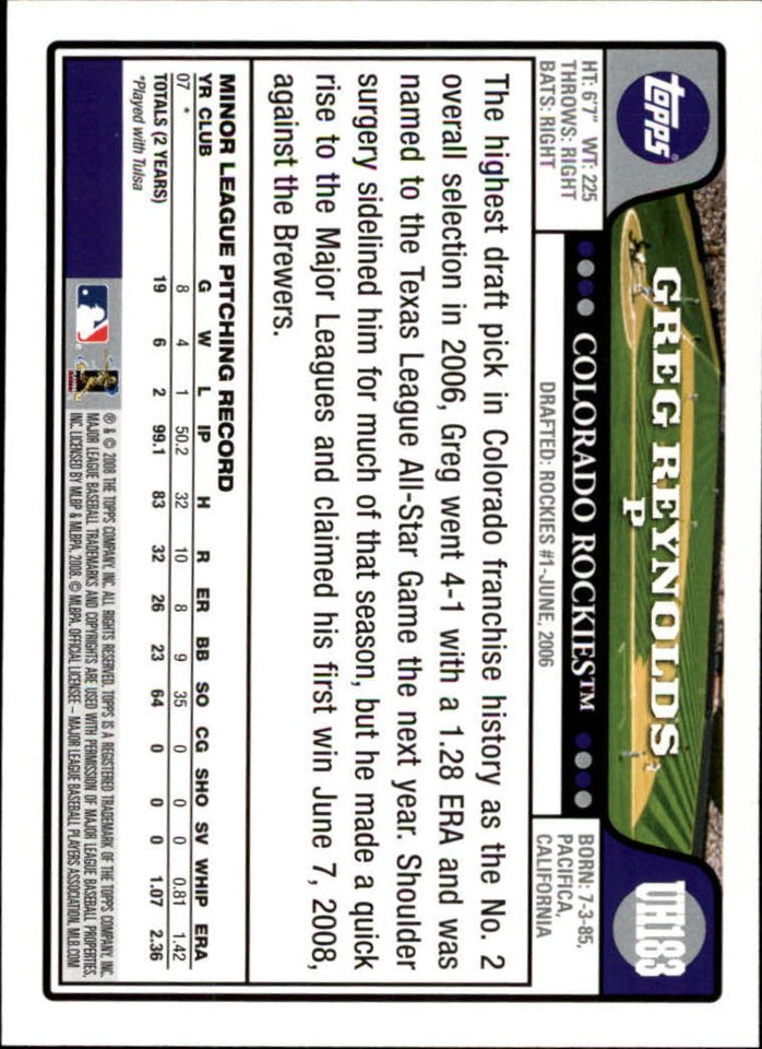 2008 Topps Update Baseball Card #UH183 Greg Reynolds Rookie | eBay