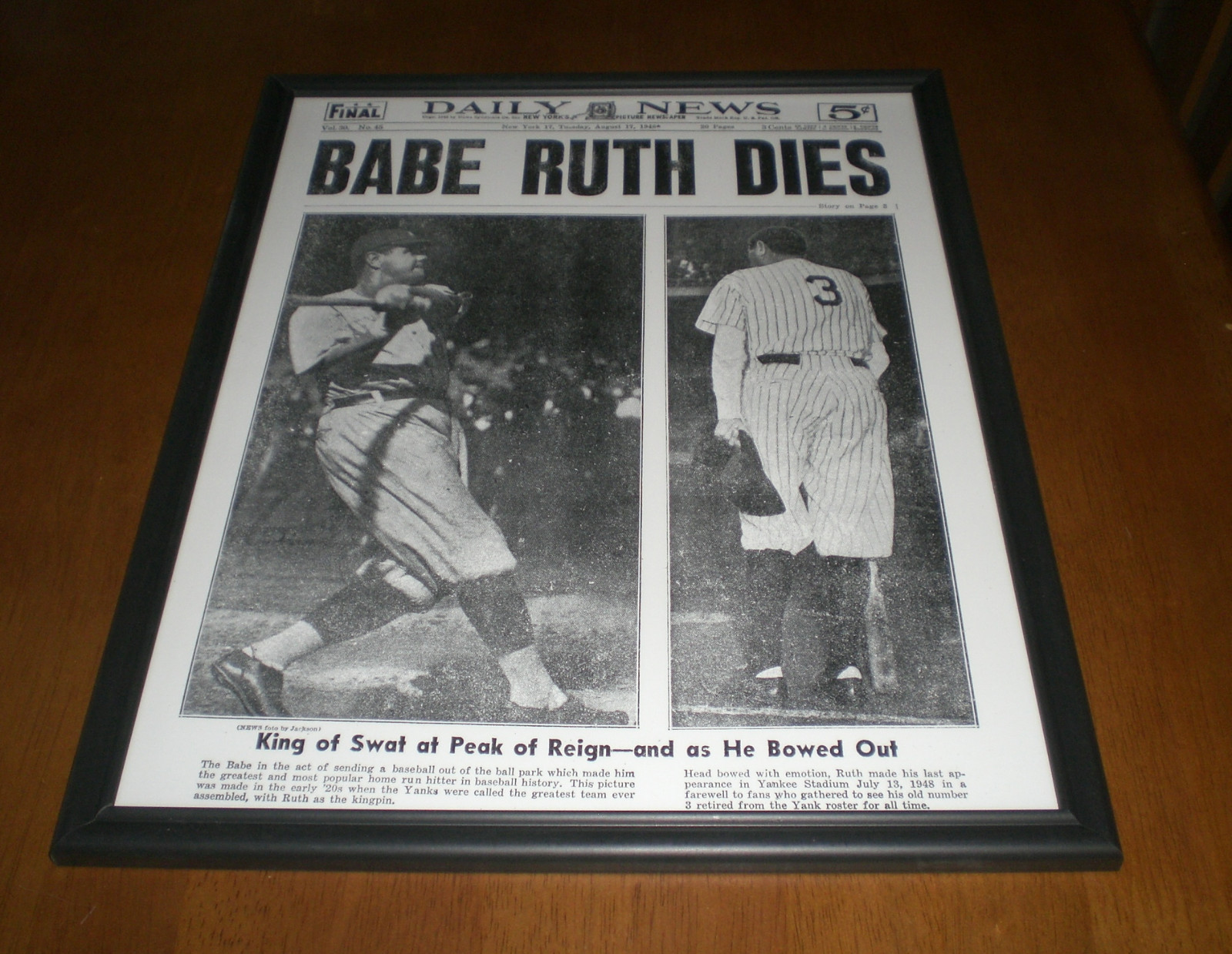 1948 YANKEES BABE RUTH DIES FRAMED 11x14 NEWSPAPER PRINT | eBay