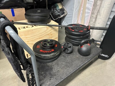 Rogue bumper plates; Ethos bumper plates; Kettlebell; Rogue Games Box ...