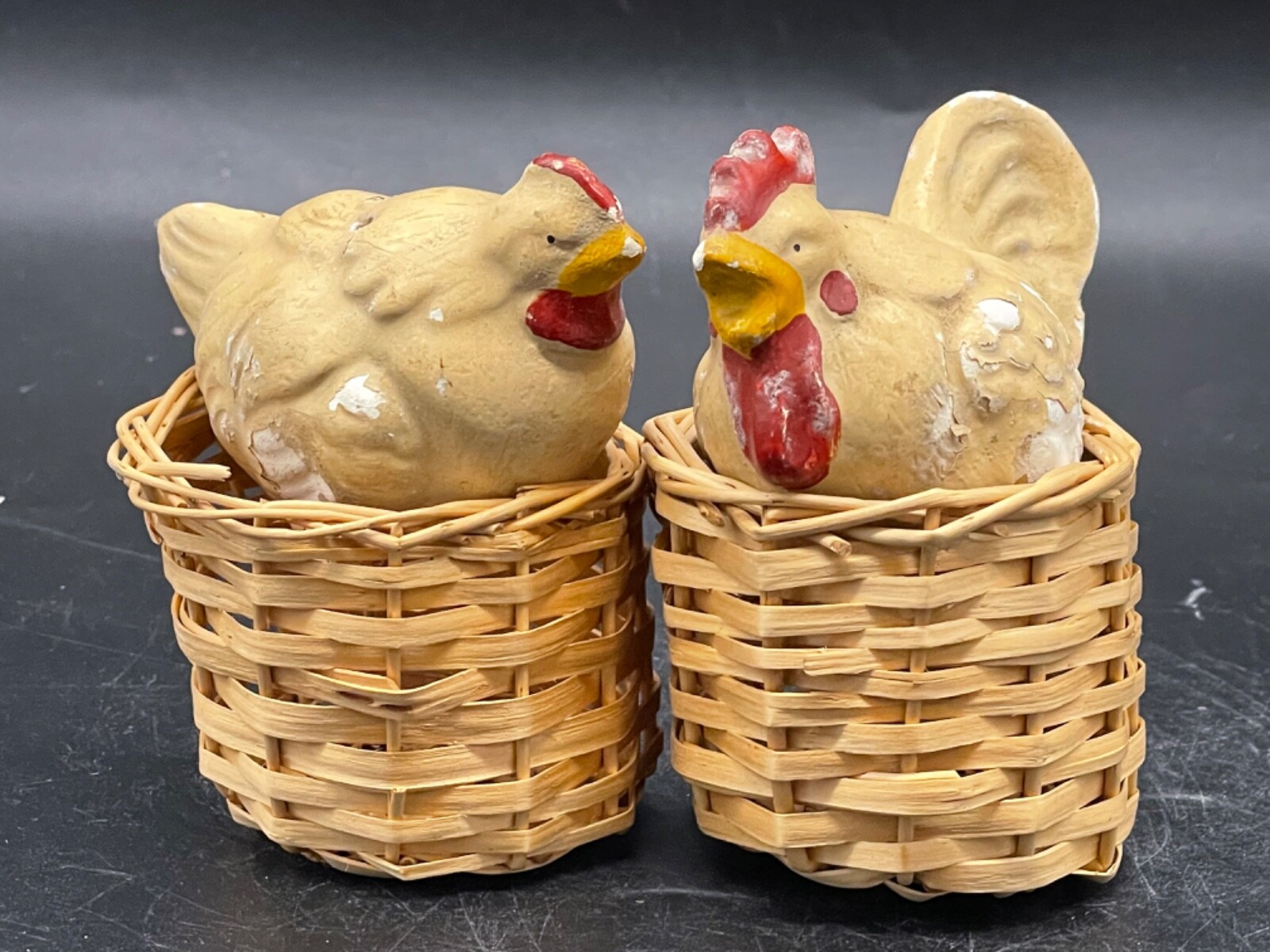 Mid century, ceramic, chalk chicken in basket, salt/ pepper shakers | eBay
