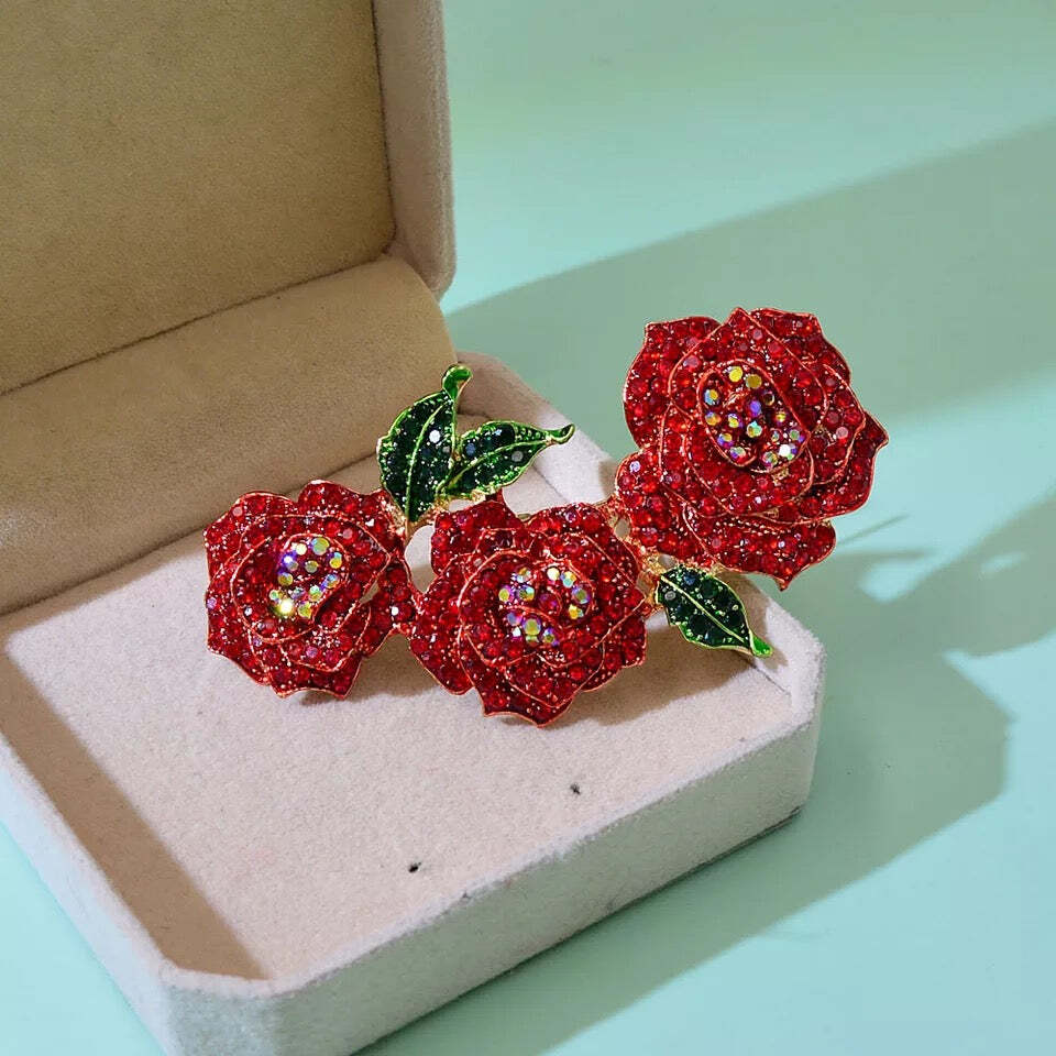 Rose Flower Brooches For Women Red Crystal Pin Sweather Party Jewelry ...