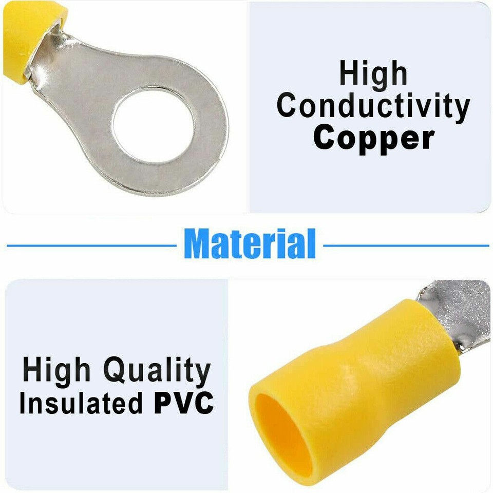100PCS Yellow 12-10 AWG Wire Ring Terminals Vinyl Car Audio Crimp ...