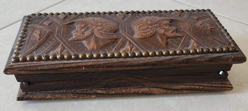 Rustic Wood Jewelry Box Tooled Leather Top Embossed Roman Soldier Great ...