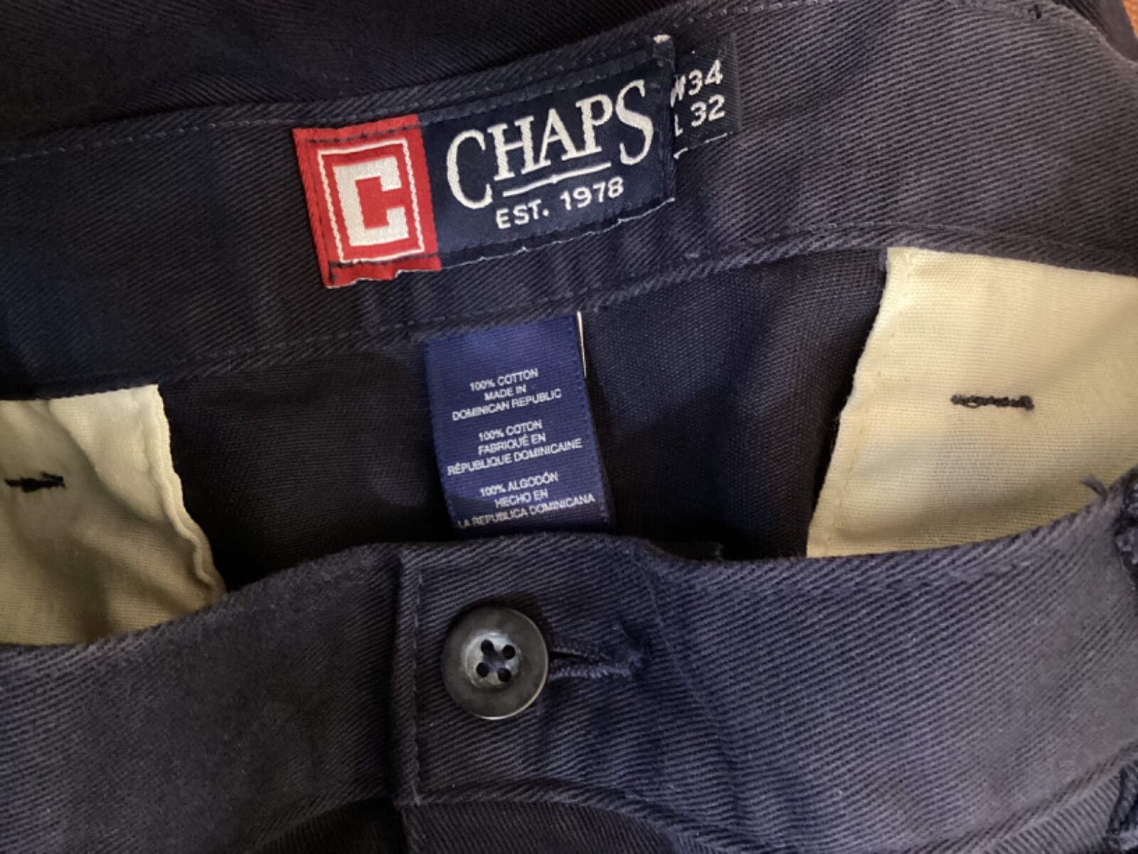 CHAPS Men's Chino Dark Blue Pants 34" x 32" Pleated Front Cuffed Pant ...
