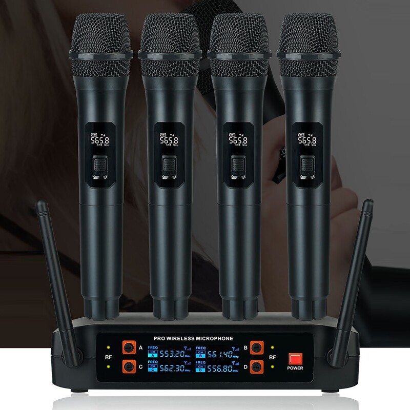 Wireless Microphone System 4 Channel Pro Audio VHF 4 Handheld Dynamic ...